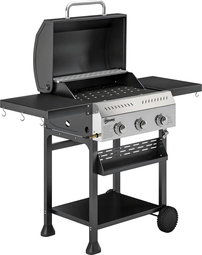 Outsunny Plynový gril 9 KW 3 hořáky BBQ grilovací vozík z nerezové oceli včetně skládacího bočního stolku držák na koření spodní police 6 háčků