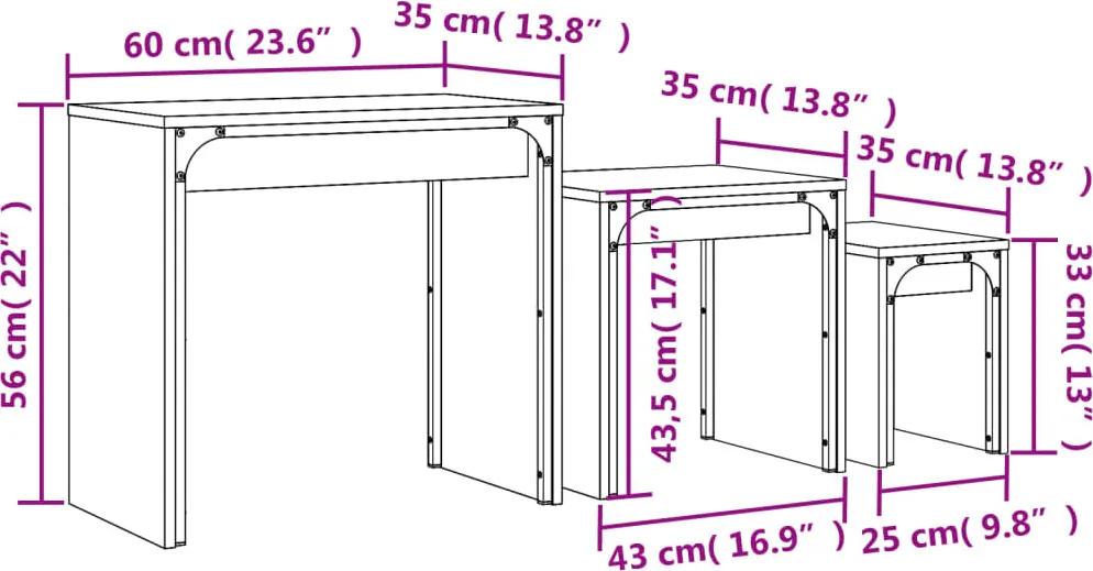 vidaXL Hnízdové konferenční stolky 3 ks hnědý dub kompozitní dřevo [837826]