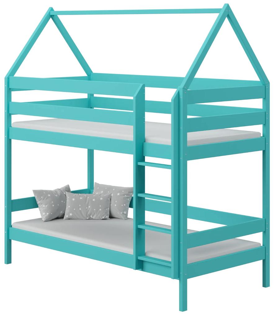 BabyBeds Dětská patrová postel DOMEČEK Velikost postele: 160x80 cm, Barva postele: Tyrkys, Úložný prostor: Dva menší šuplíky na kolečkách