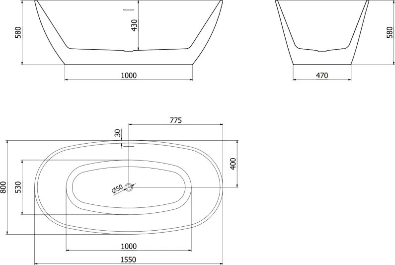 Mexen Eris, volně stojící vana 155 x 80 cm, bílá, růžové zlato přepad, 53441558000-60