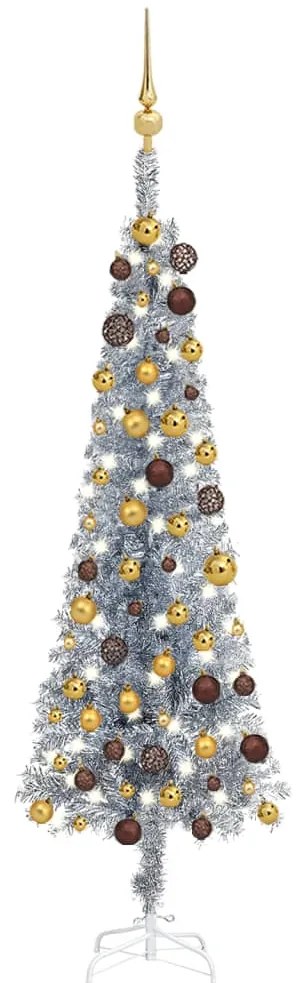 3078050 vidaXL Úzký vánoční stromek s LED diodami a sadou koulí stříbrný 150cm