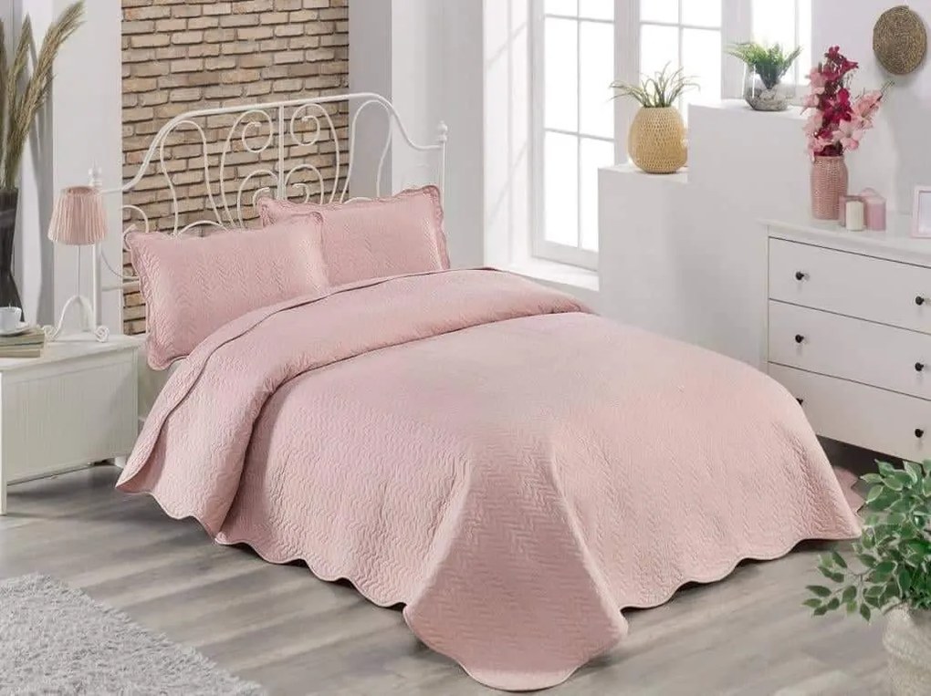 Přehoz bavlněný Deluxe jednobarevný Světle růžový TiaHome - 140x220cm + 1ks 50x70cm