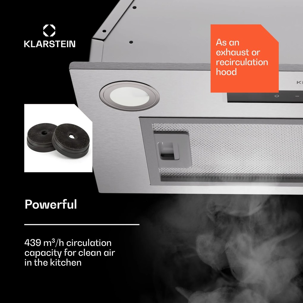Klarstein Paolo 52, vestavná digestoř, 52 cm, 439 m³/h, LED Touch, A++