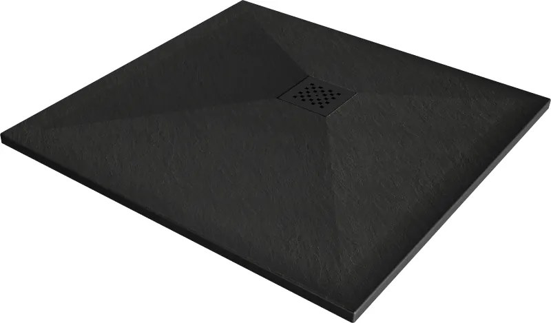 Mexen Stone+, čtvercová vanička z minerálního kompozitu 90 x 90 cm, černá, černá krytka, 44709090-B