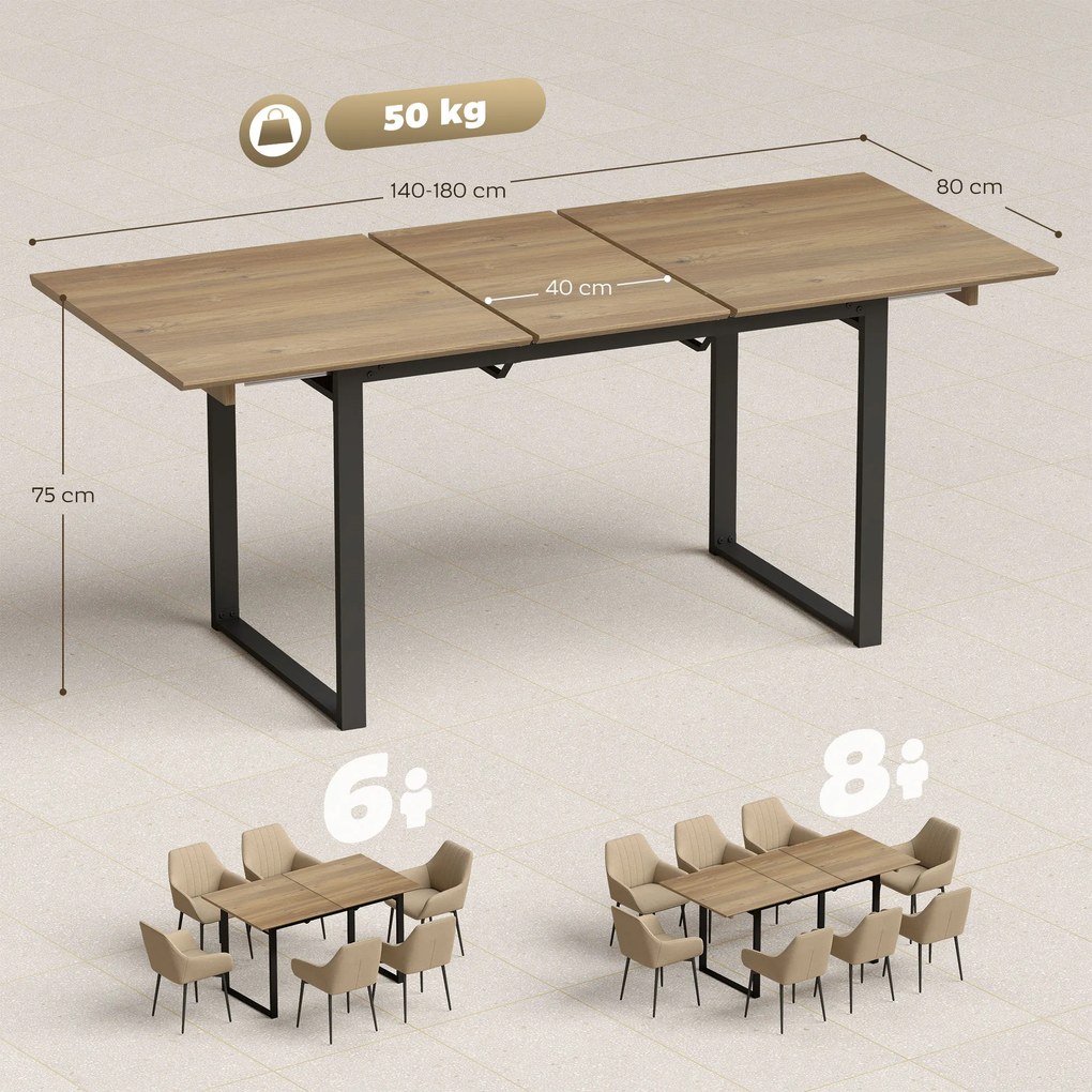 HOMCOM Rozkládací jídelní stůl pro 6-8 osob, 140-180 cm, obdélníkový kuchyňský stůl s ocelovou základnou, přírodní dřevo+černá