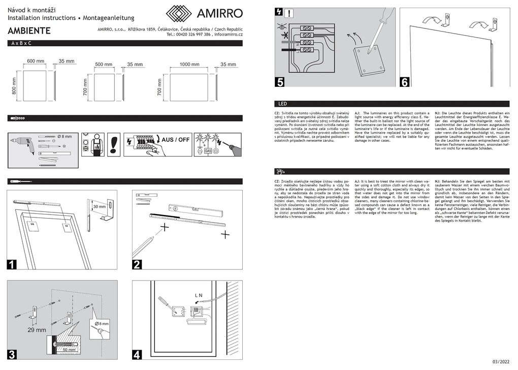 Amirro Zrcadlo do koupelny na zeď do pokoje do ložnice do předsíně na chodbu bez vypínače AMBIENTE 100 x 70 cm s LED podsvícením  po celém obvodu 410-838