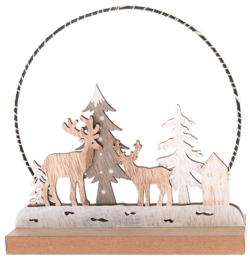 Dřevěná vánoční dekorace s LED světlem Deer forest, 16 x 6 cm