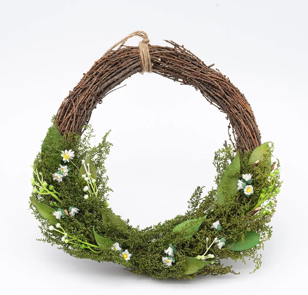 Velikonoční věnec na dveře 34 × 31 × 8 cm, proutí a zelené větvičky s drobnými kvítky, plast, venkovní