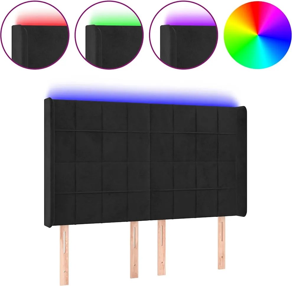 Čelo postele s LED černé 147 x 16 x 118/128 cm samet 3124098