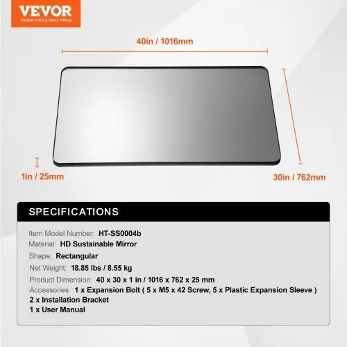čtvercové nástěnné zrcadlo 76,2 × 101,6 cm zrcadlo s rámem z hliníkové slitiny