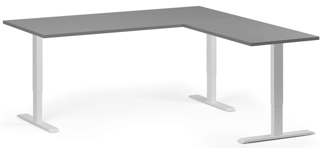 Rohový výškově nastavitelný stůl, 180x180 cm, 3 motory, L/P, bílá podnož, grafit