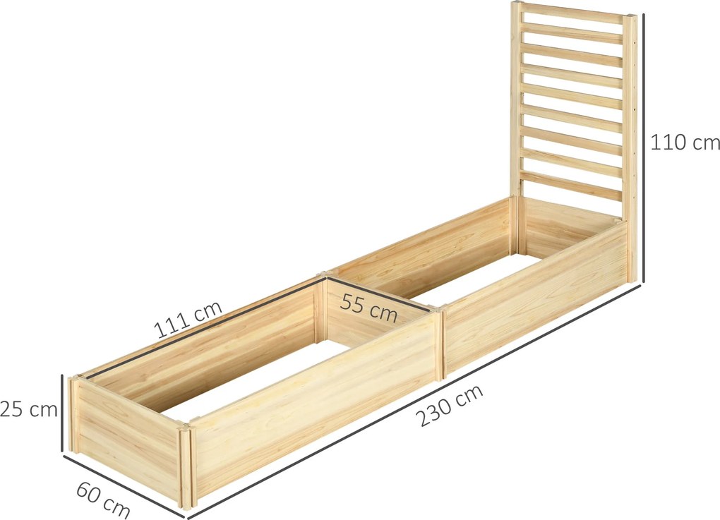 Outsunny Velký Dřevěný Zahradní Květináč s Trellis pro Popínavé Rostliny a 2 Vyvýšené Záhony pro Terasu a Balkon 230x60x110 cm Přírodní