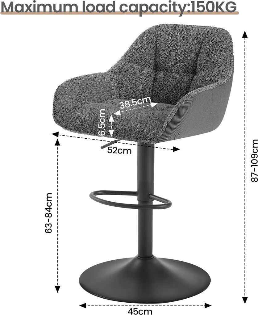 WOLTU Barové židle – sada 2 ks, výškově nastavitelné, otočné, s opěradlem, tmavě šedé
