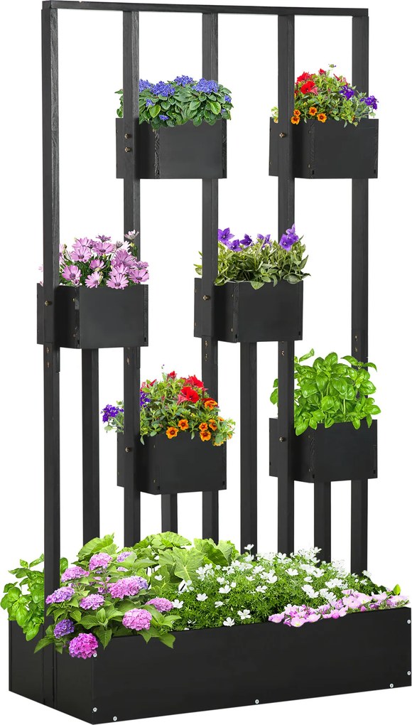 Outsunny Kombinovaný truhlík na květináče, modulární design, stojící rám, přírodní dřevo, černá barva, 90 x 45 x 170 cm