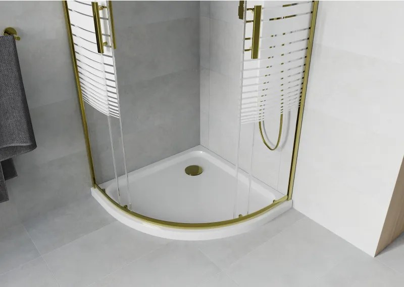 Mexen Rio, čtvrtkruhový sprchový kout 90(dveře)x90(dveře)x190 cm, 5mm čiré sklo s pásky, zlatý profil + bílá sprchová vanička SLIM, 863-090-090-50-20-4110G