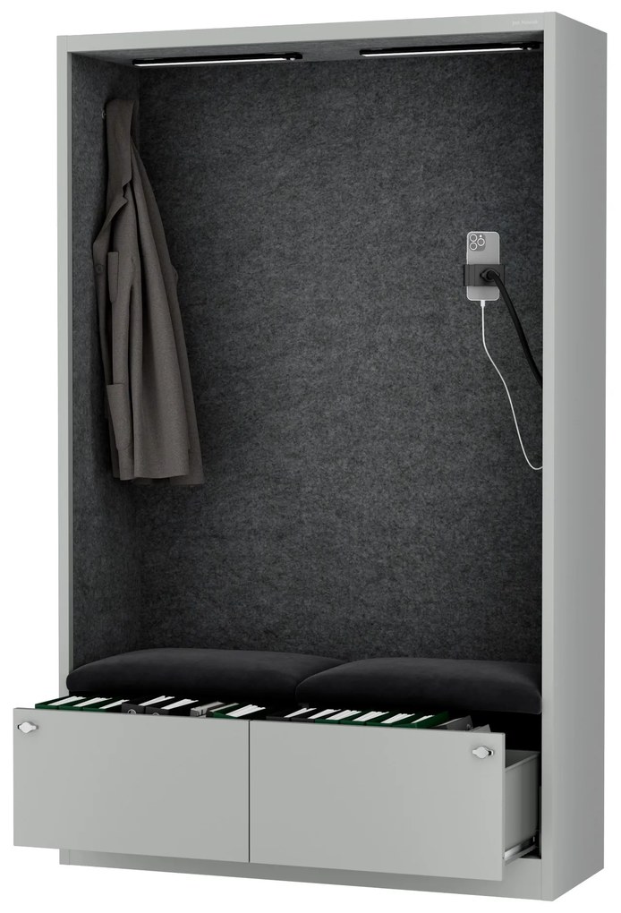 Kancelářská akustická kabina se sedátkem a USB-C portem, korpus šedý / sedák tmavě šedá, 1150 mm: SALLY MentalBox