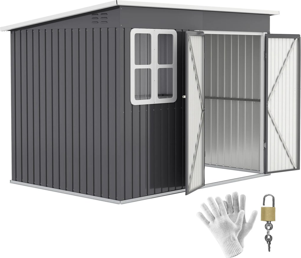 Outsunny Kovová Kůlna na Nářadí 4,13 m² 260 x 177 x 190 cm Skladovací Kůlna s Oknem, Šikmou Střechou a Zámkem, Voděodolný Zahradní Dům na Zahradu | Ao