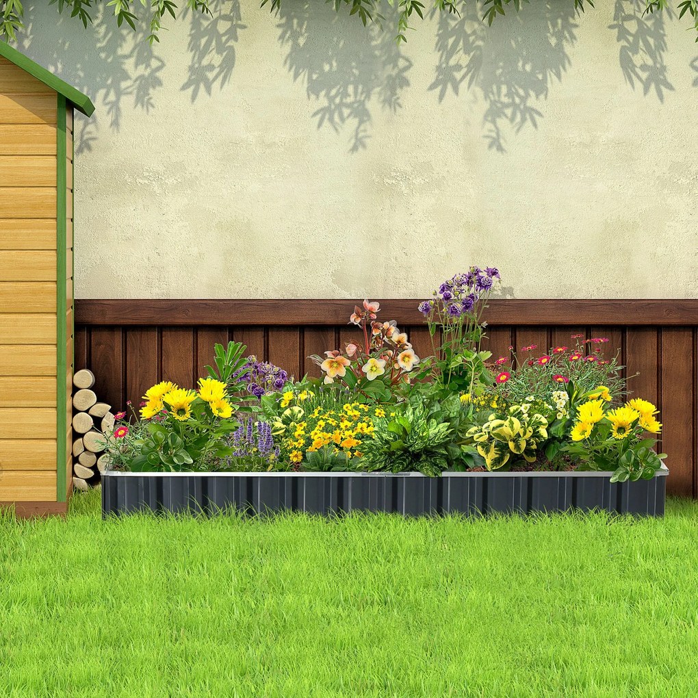 Outsunny DIY ocelový vyvýšený zahradní záhon ve tvaru T se štíty na rostliny a rukavicemi, tmavě šedý pro snadné zahradničení