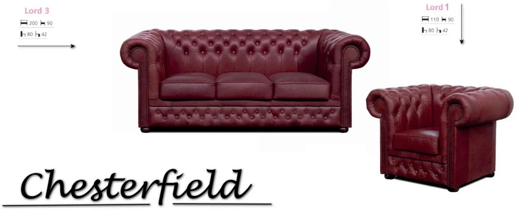 FN Sedací souprava Chesterfield Lord 3+1+1 kůže bordó