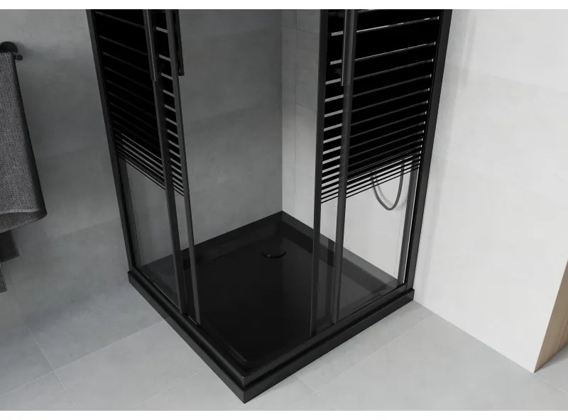 Mexen Rio, čtvercový sprchový kout 80(dveře)x80(dveře)x190 cm, 5mm čiré sklo-vzor pásky, černý profil + černá sprchová vanička SLIM, 860-080-080-70-20-4070B