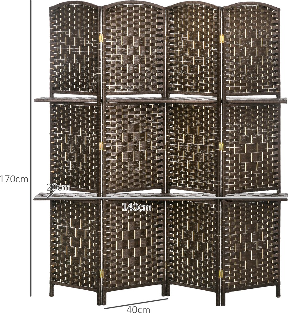 HOMCOM Paravan 4 Panely 160 x 170 cm s 2 Policemi, Skládací, Borovicové Dřevo pro Kancelář, Obývací Pokoj, Ložnici, Hnědý