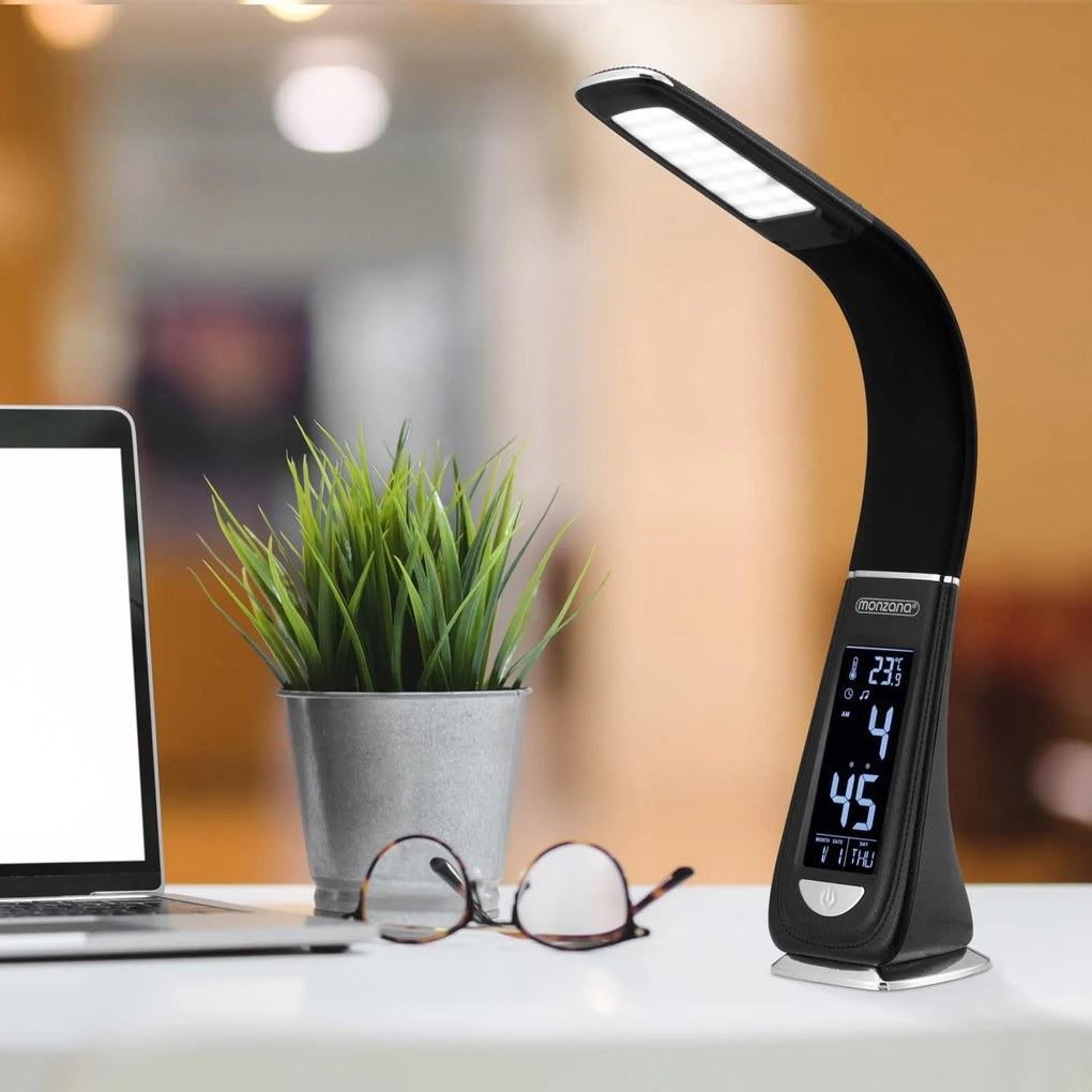 Stolní LED lampa Lilly, nastavitelné rameno, kožený vzhled, černá 107702