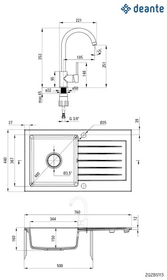 Deante ZQZVN113 - Kuchyňský dřez ZORBA 76x44 cm + dřezová baterie granit/černá