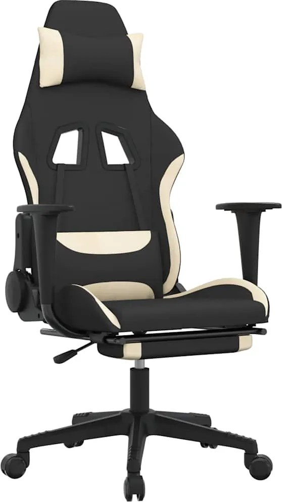 Herní židle s podnožkou černá a krémová textil 3143743