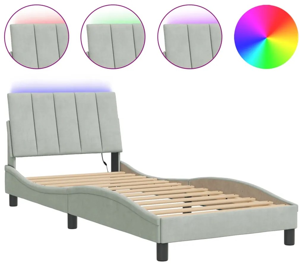vidaXL Rám postele s LED osvětlením světle šedý 90 x 200 cm samet