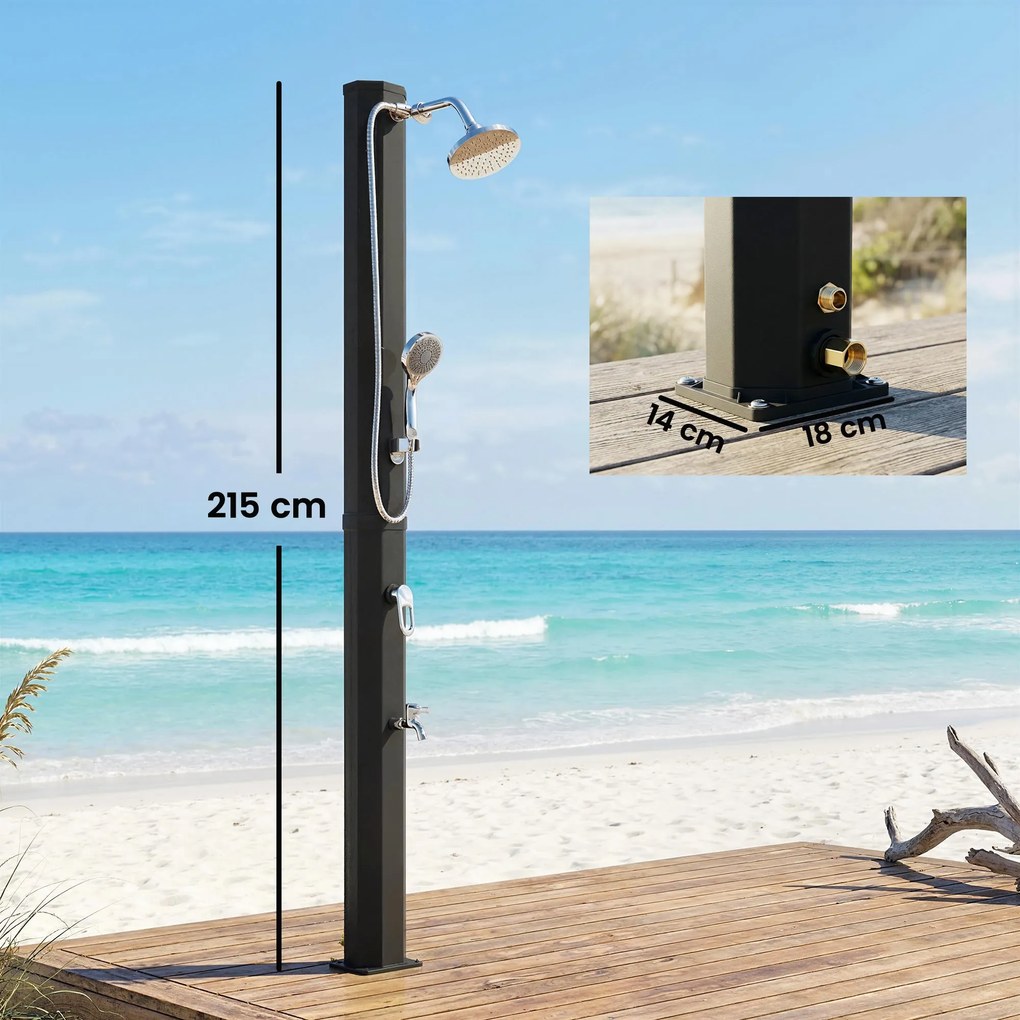Outsunny solární zahradní sprcha 35 l – ochrana proti zamrznutí, dvojité dešťové hlavice, nožní kohoutek, max. teplota vody 60 °C, pro bazény a kempo…
