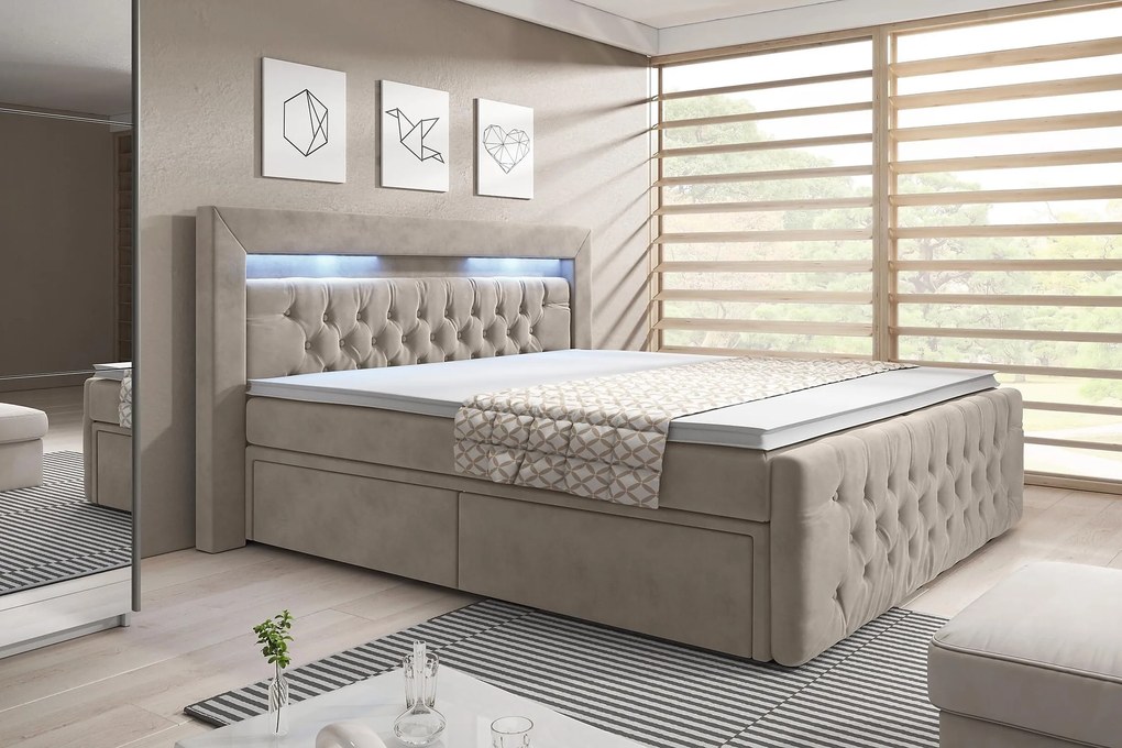 Boxspring postel SERA s úložným prostorem (4 šuplíky) a LED, eko kůže Velikost postele: 180 × 200 cm, Barva EKO kůže: Béžová EKO kůže, Výběr matrace:…