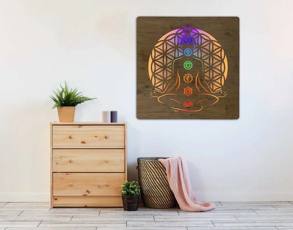 Li-Go "Čakry" světelný obraz s baterií 80x80cm varianta: ovládání na obraze bez dálkového ovladače, provedení: dub