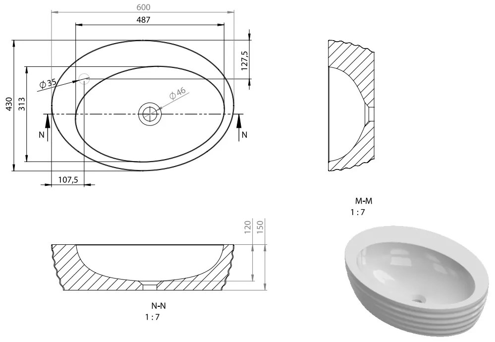 Vayer Boomerang Oval 60 umyvadlo na desku, litý mramor