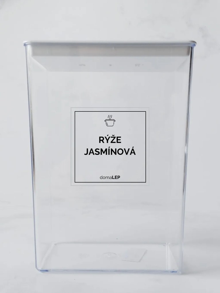 RÝŽE JASMÍNOVÁ – průhledná samolepka na dózu, tučnépísmo, 5 x 5 cm | DomaLEP