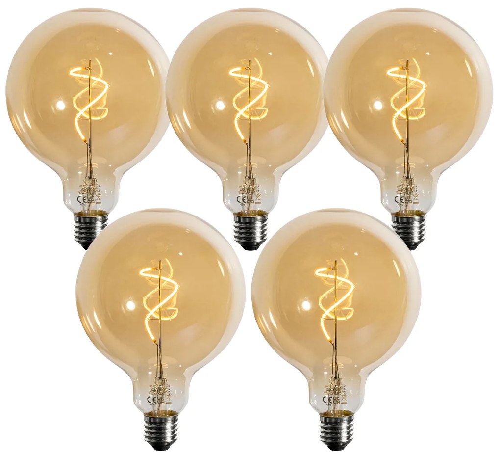 Sada 5 stmívatelných LED žárovek E27 s vláknem ve spirále G125 zlatá 4W 270LM 2200K
