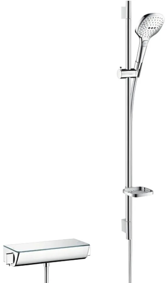 Hansgrohe Raindance Select E, sprchová souprava 120 3jet na zeď s termostatem Ecostat Select a sprchovou tyčí 90 cm, bílá/chromová, HAN-27039400