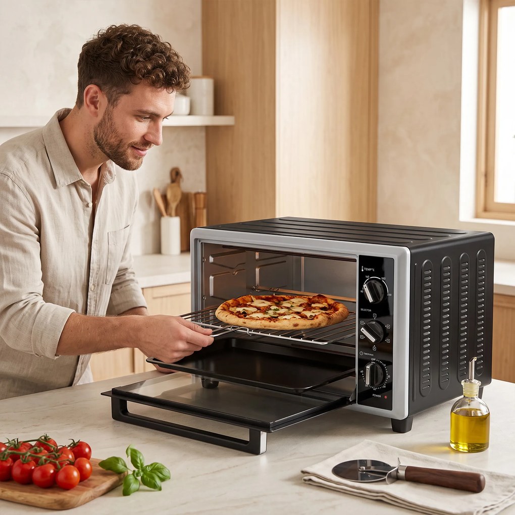 HOMCOM 46 L mini trouba s otočným špízem, ventilátorem, regulací teploty a časovačem, 1800 W, černá