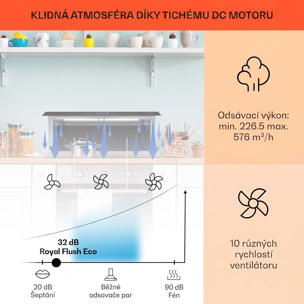 Klarstein Royal Flush Eco, digestoř, 90 cm, výsuvná, 604 m³/h, A+, černá