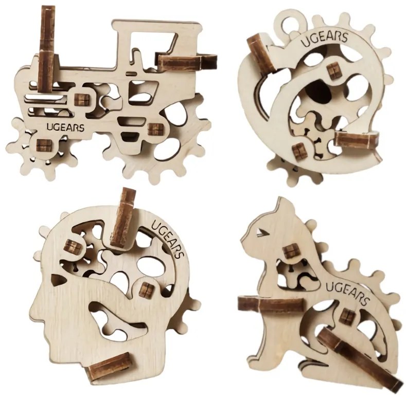 Ugears 3D dřevěné mechanické puzzle 4 mechanické přívěšky Charakterové symboly