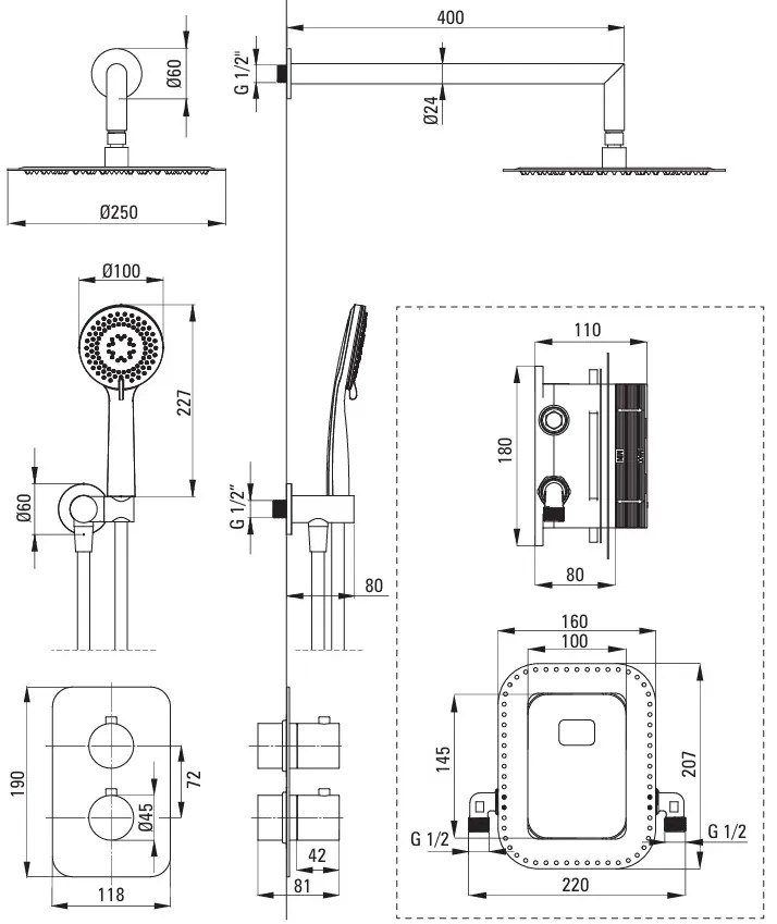 Deante Concealed shower set, with thermostatic BOX