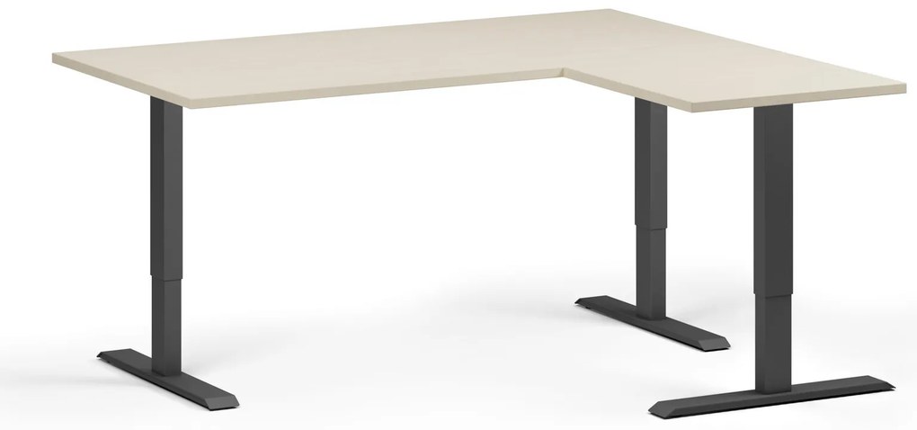 Rohový výškově nastavitelný stůl, 160x140 cm, 3 motory, L/P, černá podnož, bříza