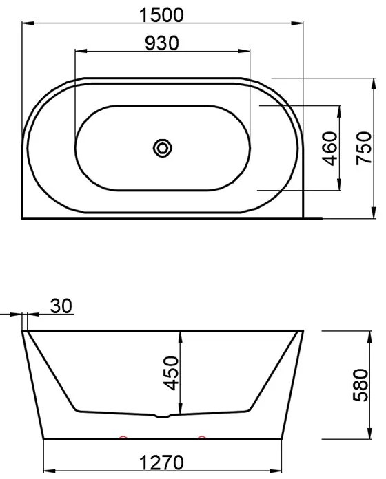 BPS-koupelny Volně stojící akrylátová vana ke stěně HYD-LE527B 150x75 bílá, odtokový komplet černý