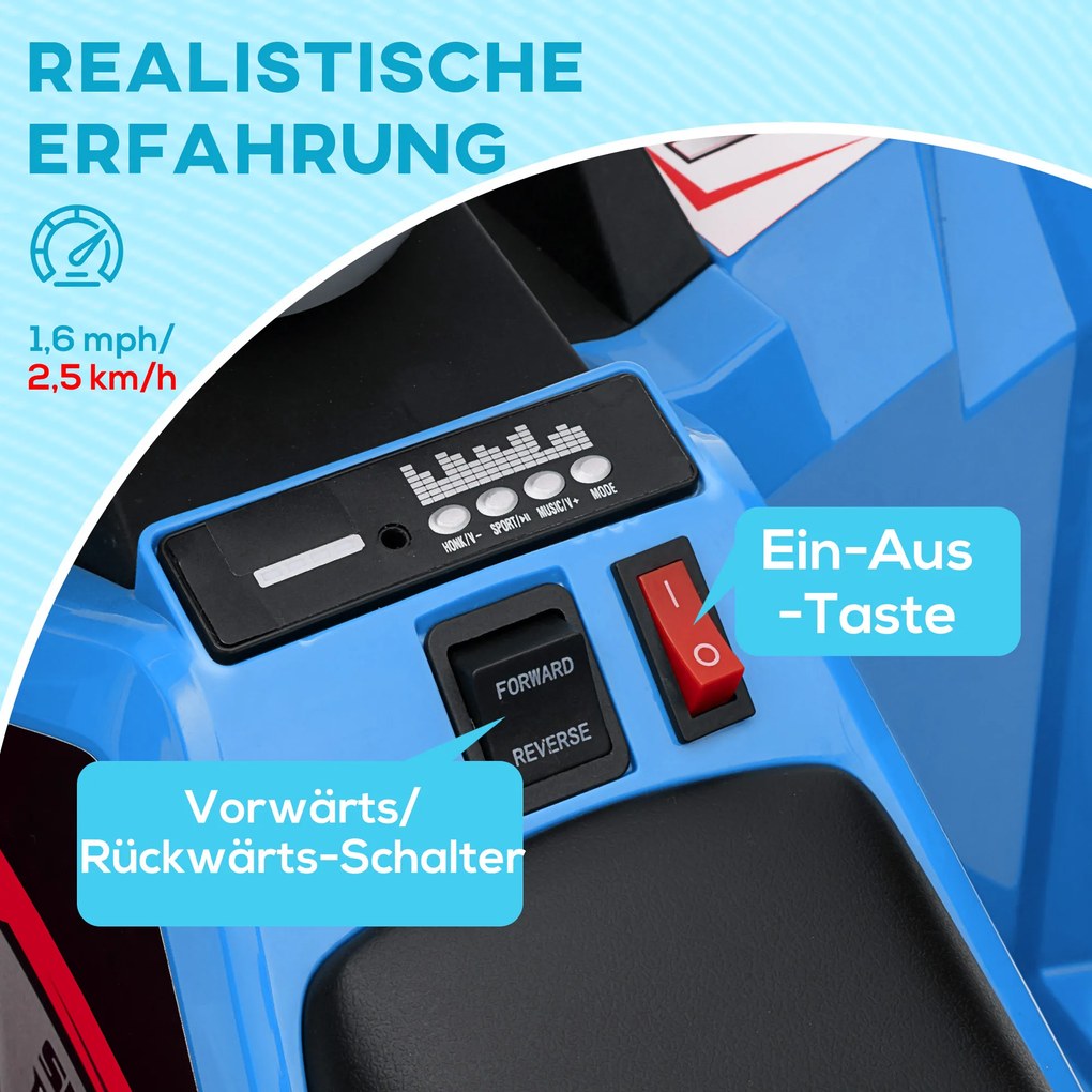 HOMCOM dětská elektrická čtyřkolka, mini elektrická čtyřkolka s funkcí jízdy vpřed a vzad, 6 V elektrické vozidlo pro děti 1,5-3 roky, 2,5 km/h, modrá