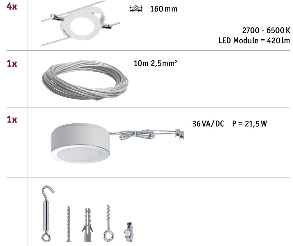 Paulmann 50107 RoundMac, lankové LED osvětlení, 4x4W LED 2700-6500K, bluetooth, délka 500cm