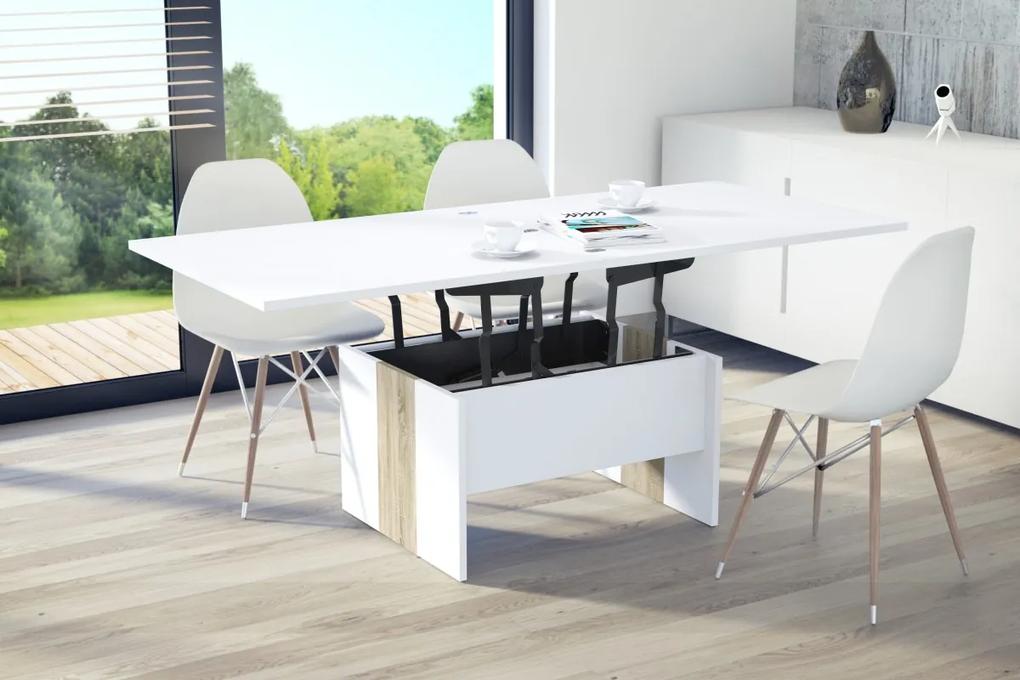 Mazzoni SOLO bílá a dub sonoma, rozkládací, zvedací konferenční stůl, stolek