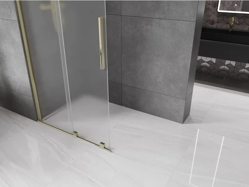 Mexen Velar, sprchová zástěna s posuvnými dveřmi Walk-in 85 x 200 cm, 8mm sklo námraza, zlatá lesklá, 871-085-000-33-50