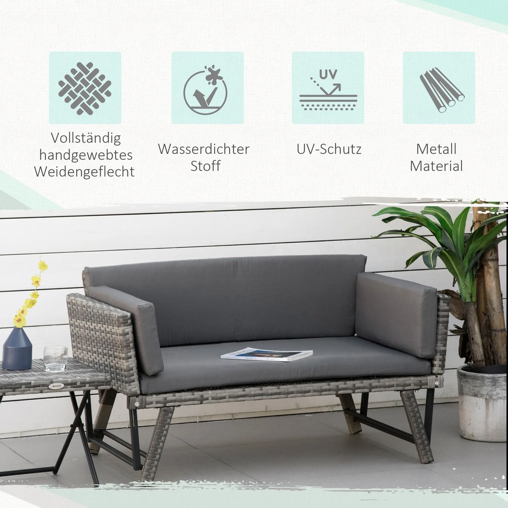 Outsunny polyratanová zahradní pohovka 2místná lounge pohovka šedá se sklopnými područkami ocel 129x63x67cm na zahradní terasu | Aosom.de