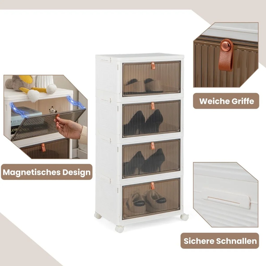 Costway 4patrové úložné boxy s víky a magnetickými průhlednými dvířky a kolečky
