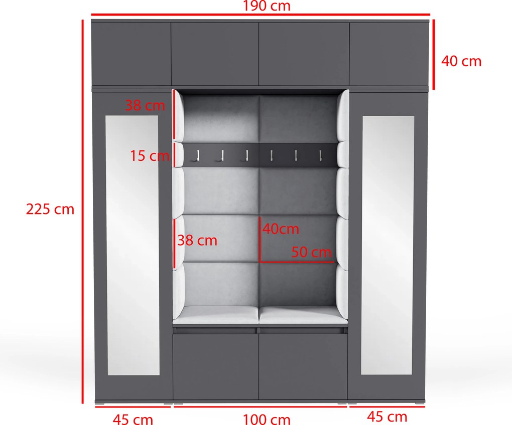 Eka Předsíňová stěna s čalouněnými panely Trinity 32 - Bílá / Tmavá šedá 2315