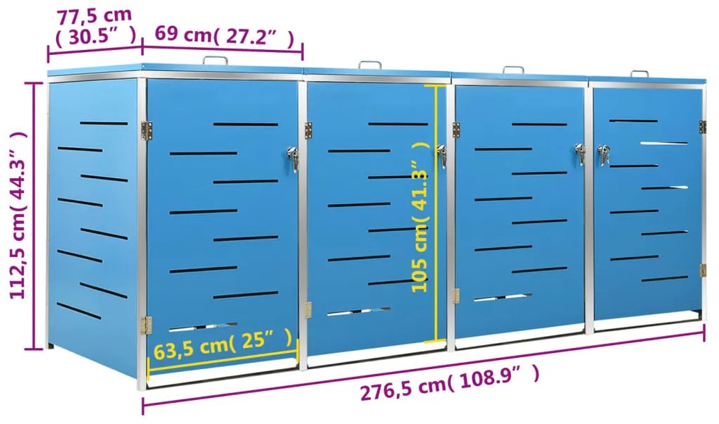 vidaXL Marketos Přístřešek na čtyři popelnice 276,5x77,5x112,5 cm nerezová ocel